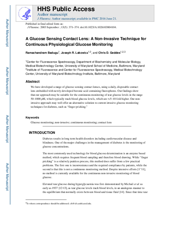 (PDF) A Glucose Sensing Contact Lens: A Non-Invasive Technique for ...