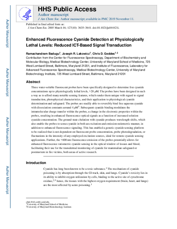 (PDF) Enhanced Fluorescence Cyanide Detection at Physiologically Lethal ...