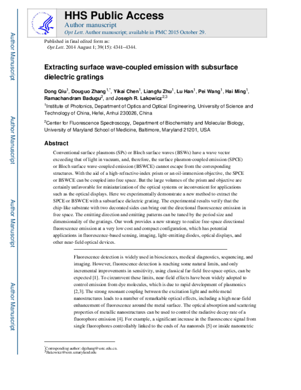 (PDF) Extracting surface wave-coupled emission with subsurface dielectric gratings ...