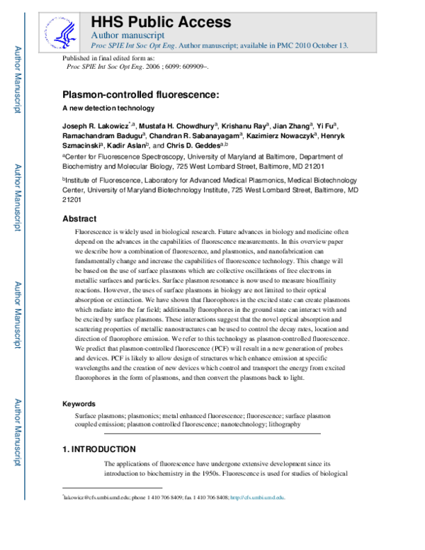 (PDF) Plasmon-controlled fluorescence: a new detection technology | Ramachandram Badugu ...