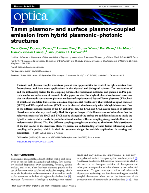 (PDF) Tamm plasmon- and surface plasmon-coupled emission from hybrid plasmonic–photonic structures