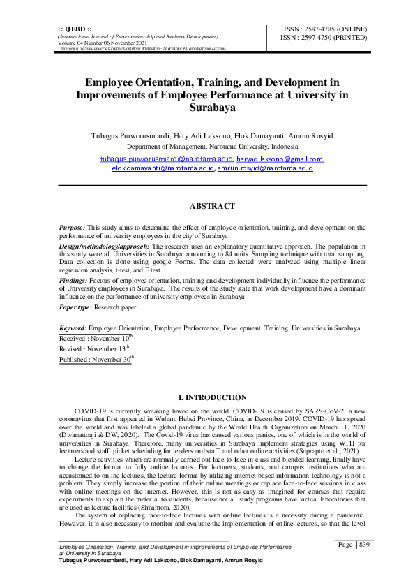 (PDF) Employee Orientation, Training, and Development in improvements of Employee Performance at ...