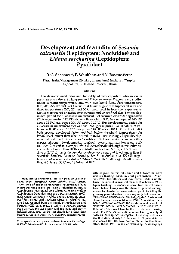 (PDF) Development and fecundity of Sesamia calamistis (Lepidoptera ...