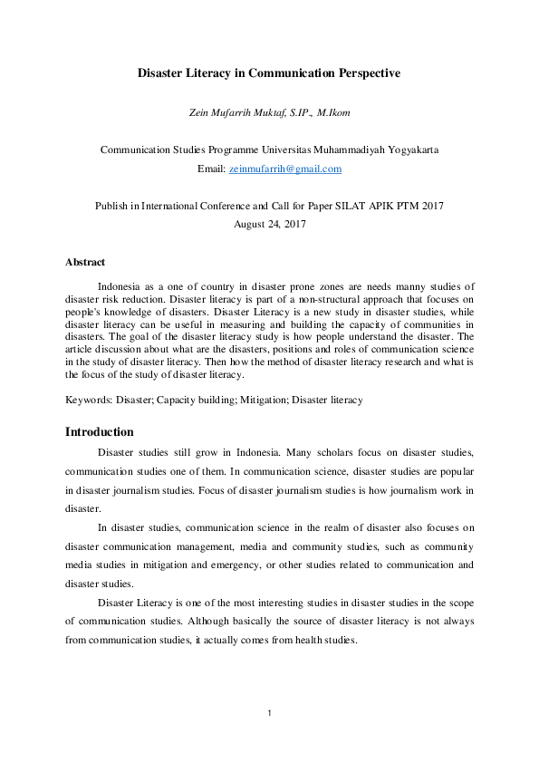 (PDF) Disaster Literacy in Communication Perspective