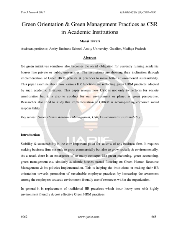 (PDF) Green Orientation & Green Management Practices as CSR in Academic ...