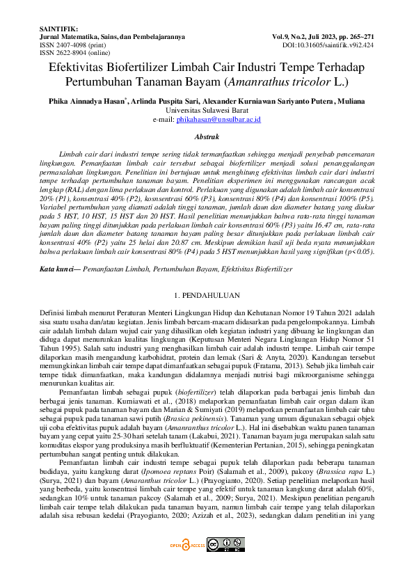 (PDF) Efektivitas Biofertilizer Limbah Cair Industri Tempe Terhadap ...