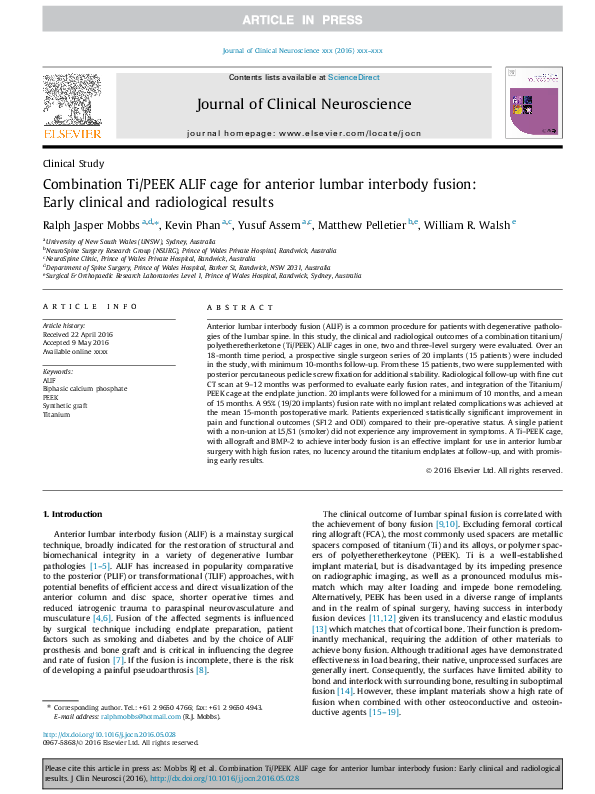 (PDF) Combination Ti/PEEK ALIF cage for anterior lumbar interbody ...