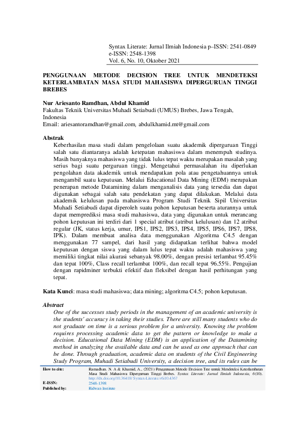 (PDF) Penggunaan Metode Decision Tree untuk Mendeteksi Keterlambatan ...