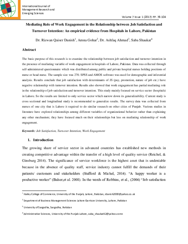 (PDF) Mediating Role of Work Engagement in the Relationship between Job Satisfaction and ...