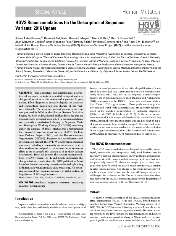 (PDF) HGVS Recommendations for the Description of Sequence Variants ...