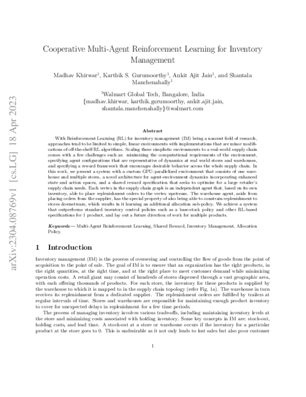 Pdf Cooperative Multi Agent Reinforcement Learning For Inventory