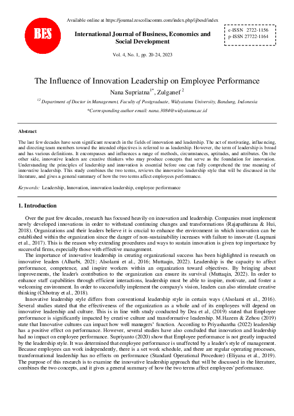 (PDF) The Influence of Innovation Leadership on Employee Performance