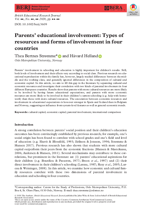 (PDF) Parents’ educational involvement: Types of resources and forms of involvement in four ...