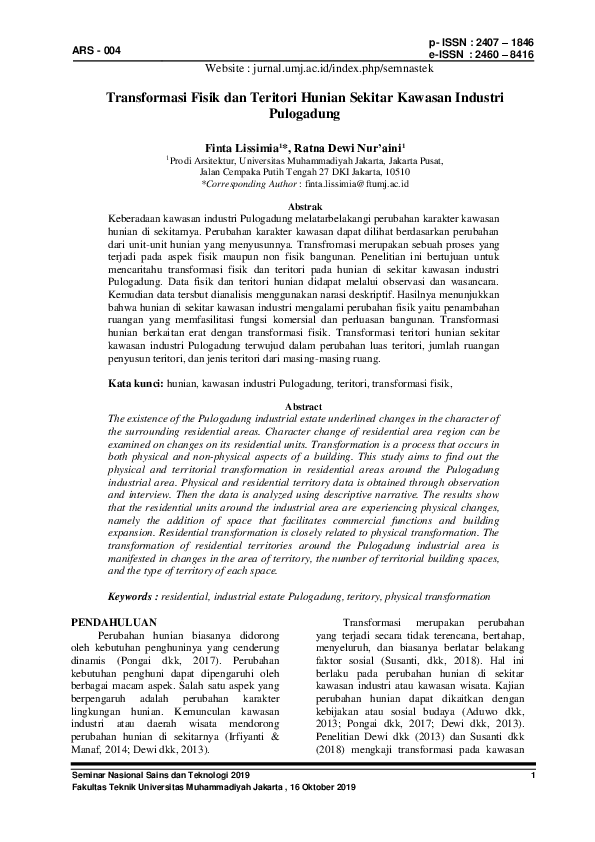 (PDF) Transformasi Fisik dan Teritori Hunian Sekitar Kawasan Industri Pulogadung