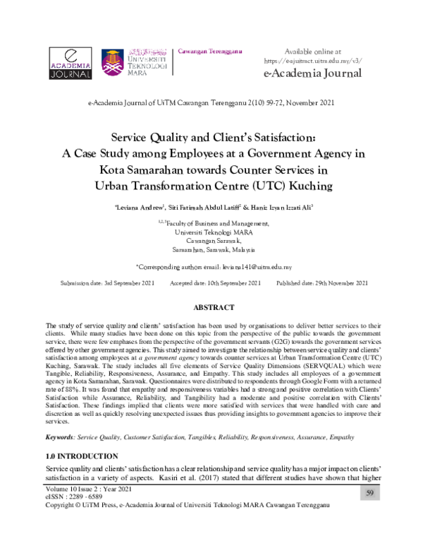 (PDF) Service Quality and Client’s Satisfaction: A Case Study among Employees at a Government ...