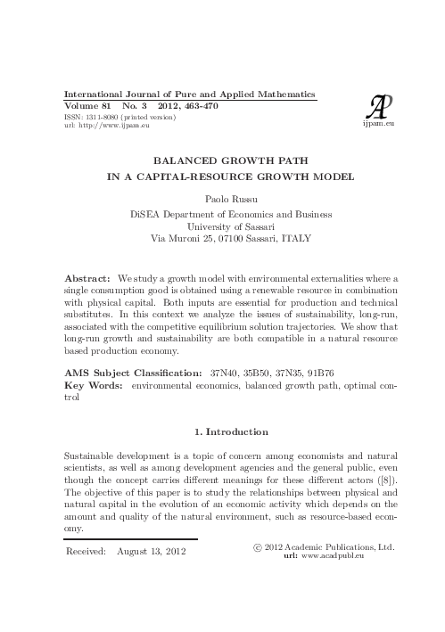 (PDF) Balanced Growth Path in a Capital-Resource Growth Model