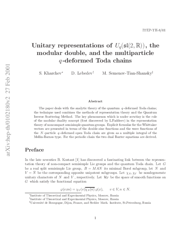(PDF) Unitary Representations of U q (𝔰𝔩}(2,ℝ)),¶the Modular Double and ...