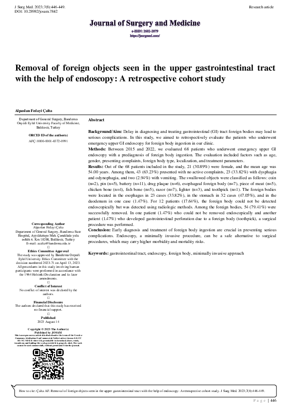 (PDF) Endoscopic Removal of GI Foreign Bodies: Study