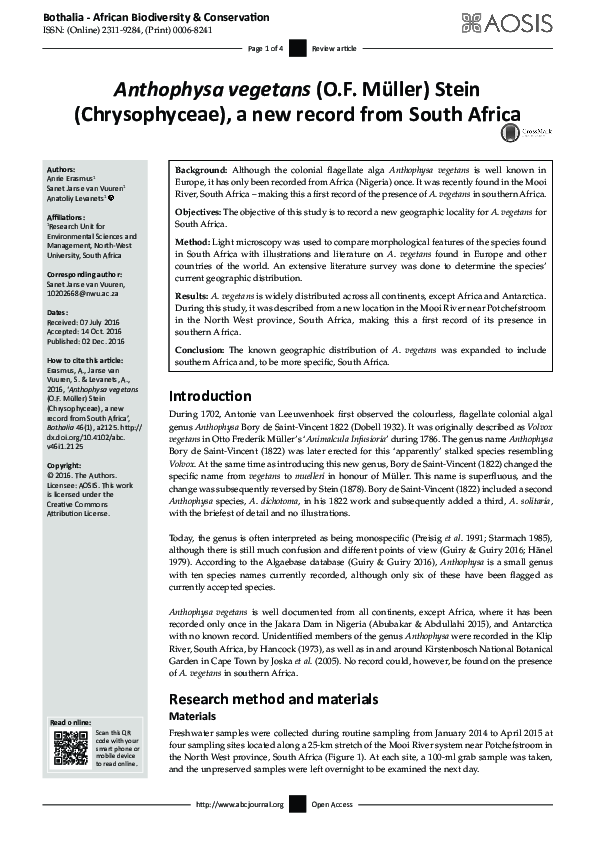 (PDF) Anthophysa vegetans (O.F. Müller) Stein (Chrysophyceae), a new ...