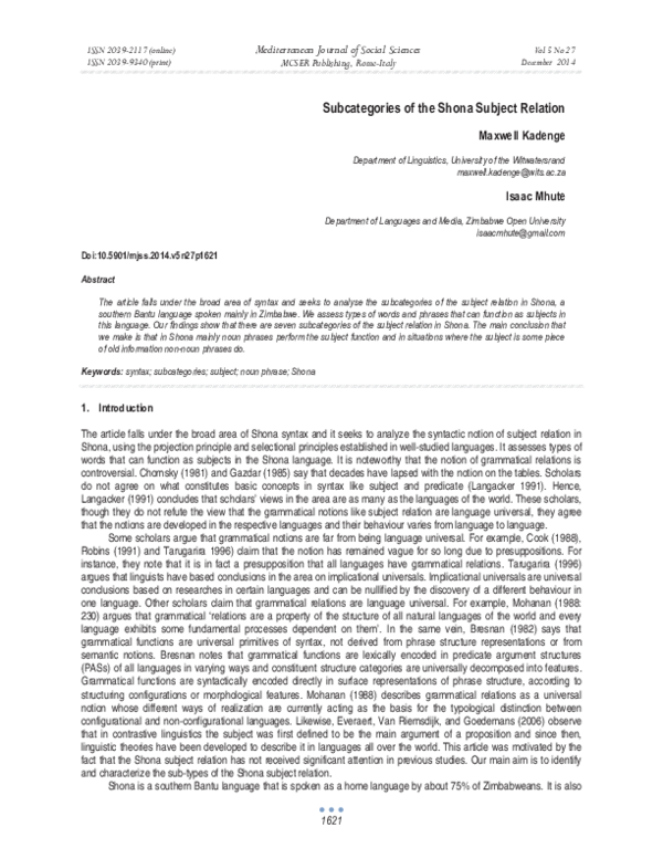 (PDF) Subcategories of the Shona Subject Relation | Isaac Mhute ...