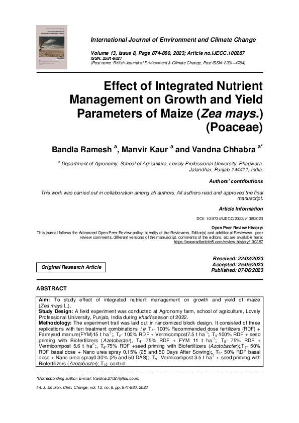 (PDF) Effect of Integrated Nutrient Management on Growth and Yield Parameters of Maize (Zea mays ...