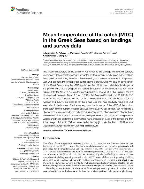 (PDF) Mean temperature of the catch (MTC) in the Greek Seas based on ...