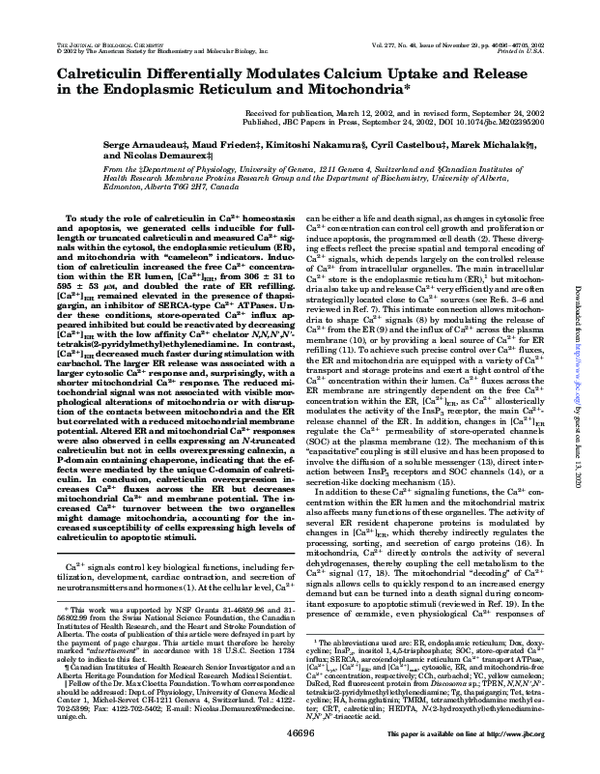 (PDF) Calreticulin Differentially Modulates Calcium Uptake and Release ...