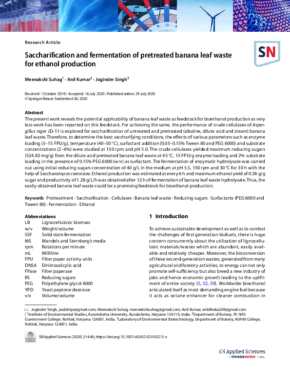 (PDF) Saccharification and fermentation of pretreated banana leaf waste for ethanol production