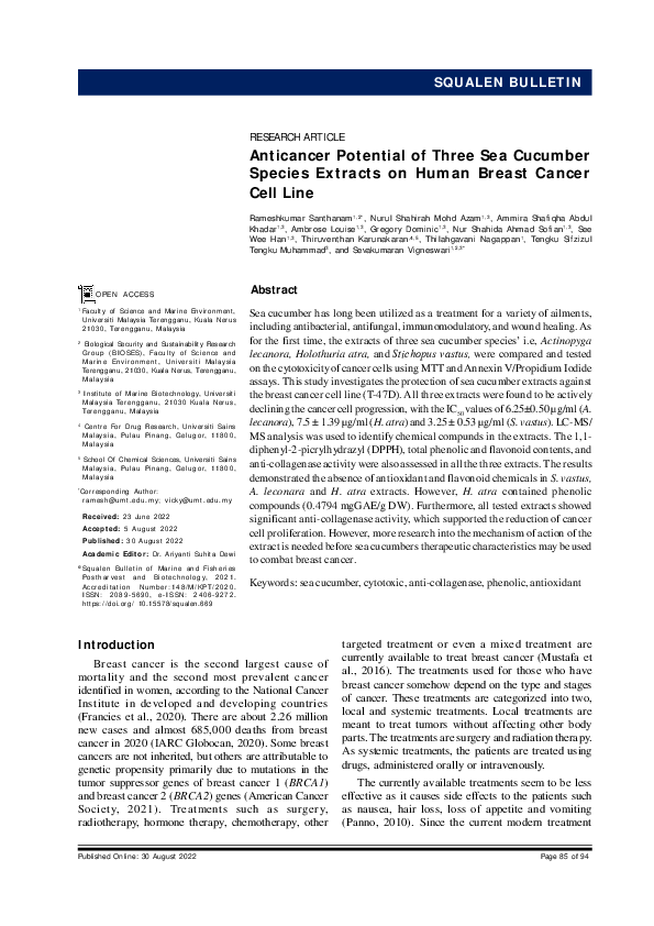Pdf Anticancer Potential Of Three Sea Cucumber Species Extracts On