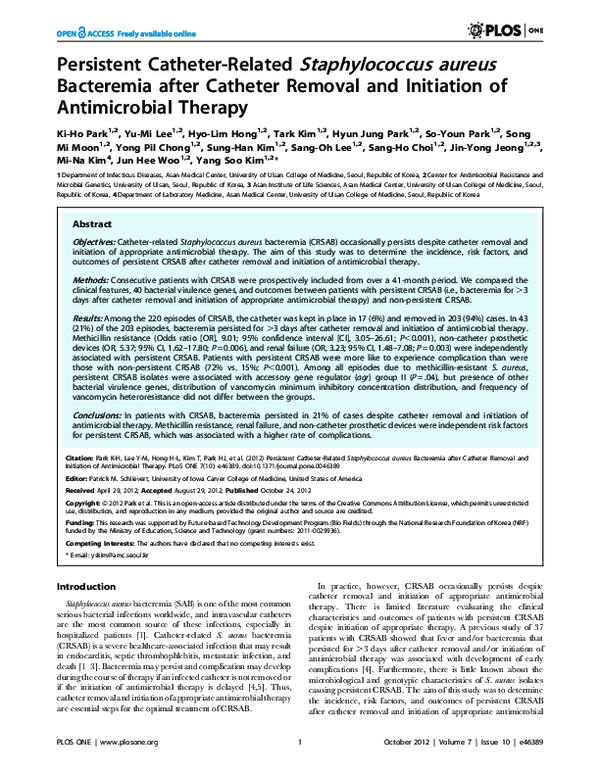 (PDF) Persistent catheter-related Staphylococcus aureus bacteremia after catheter removal and ...