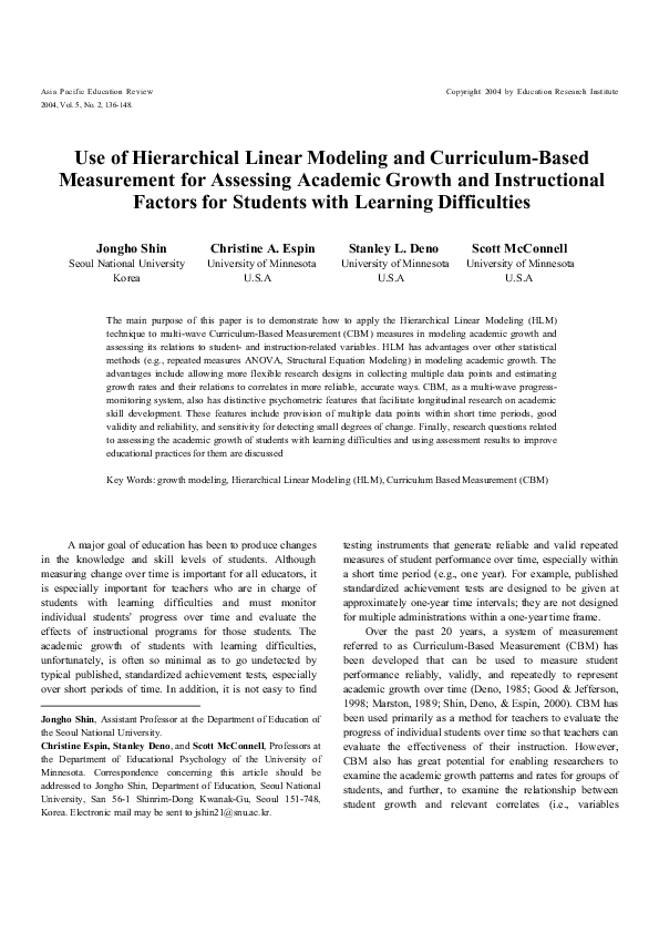 (PDF) Use of hierarchical linear modeling and curriculum-based ...