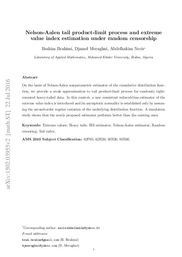 (PDF) Estimating Extreme Value Index with Nelson-Aalen