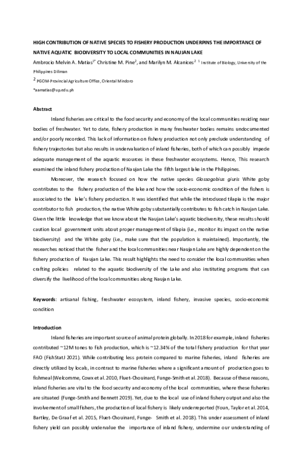 (PDF) HIGH CONTRIBUTION OF NATIVE SPECIES TO FISHERY PRODUCTION ...