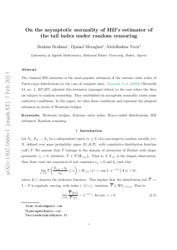 (PDF) On the asymptotic normality of Hill's estimator of the tail index ...