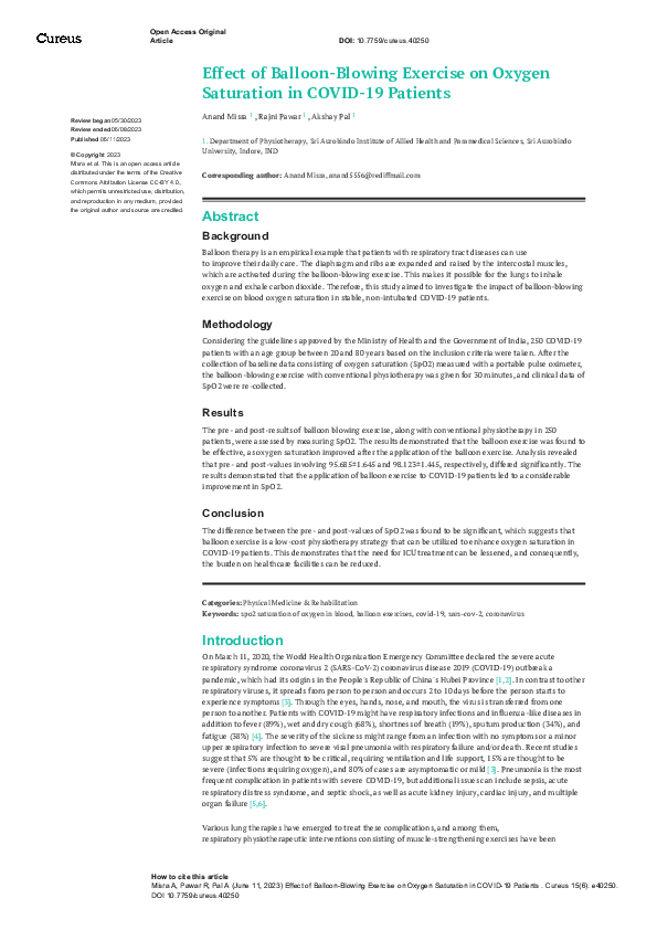 (PDF) Effect of Balloon-Blowing Exercise on Oxygen Saturation in COVID ...