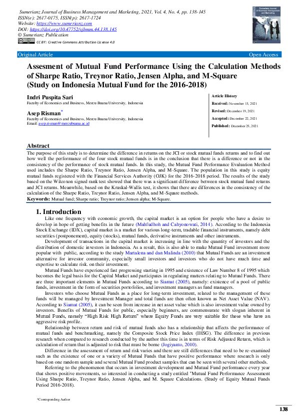 (PDF) Assesment of Mutual Fund Performance Using the Calculation Methods of Sharpe Ratio ...
