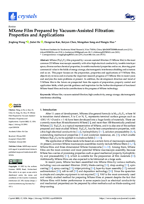 (PDF) MXene Film Prepared by Vacuum-Assisted Filtration: Properties and ...
