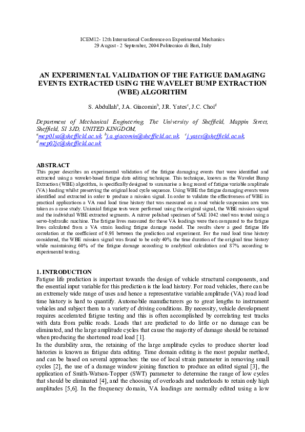 (PDF) An experimental validation of the fatigue damaging events extracted using the wavelet bump ...