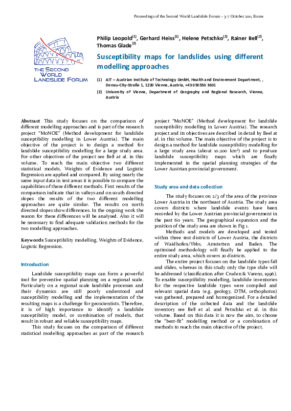 (PDF) Susceptibility Maps for Landslides Using Different Modelling Approaches