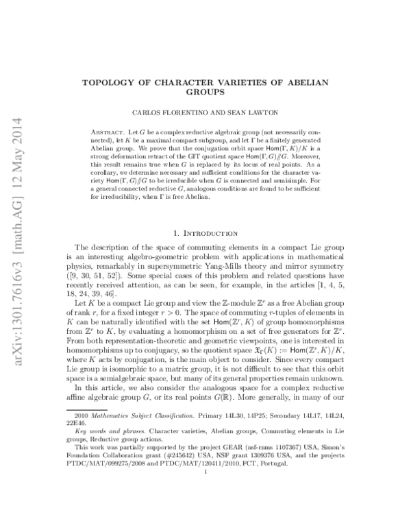 (PDF) Topology of character varieties of Abelian groups | Carlos Florentino - Academia.edu