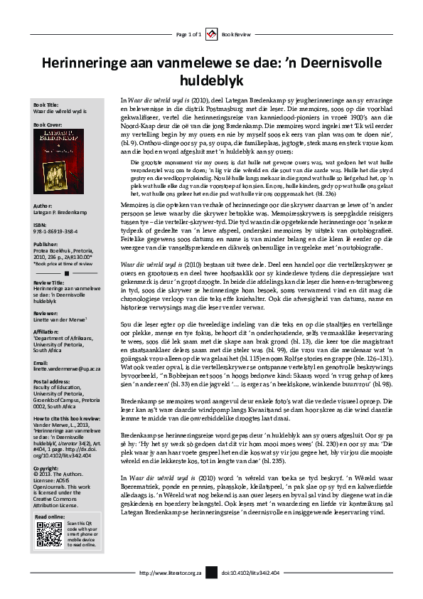 (PDF) Herinneringe aan vanmelewe se dae: ’n Deernisvolle huldeblyk