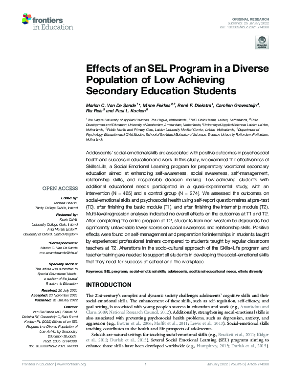 (PDF) Effects of an SEL Program in a Diverse Population of Low ...