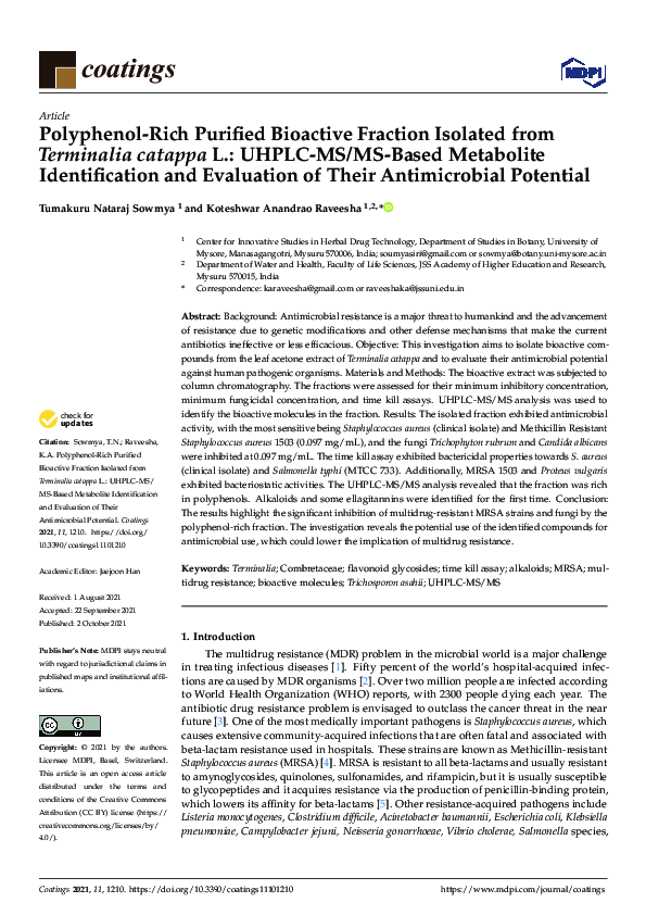 (PDF) Polyphenol-Rich Purified Bioactive Fraction Isolated from Terminalia catappa L.: UHPLC-MS ...