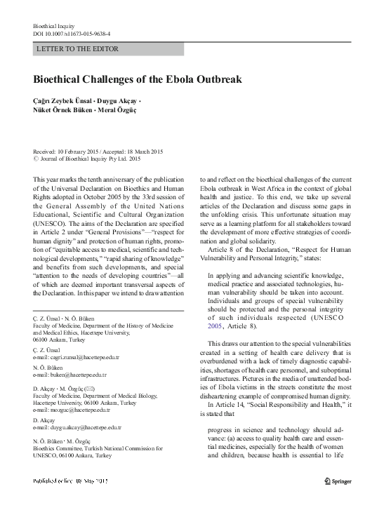 (PDF) Bioethical Challenges of the Ebola Outbreak