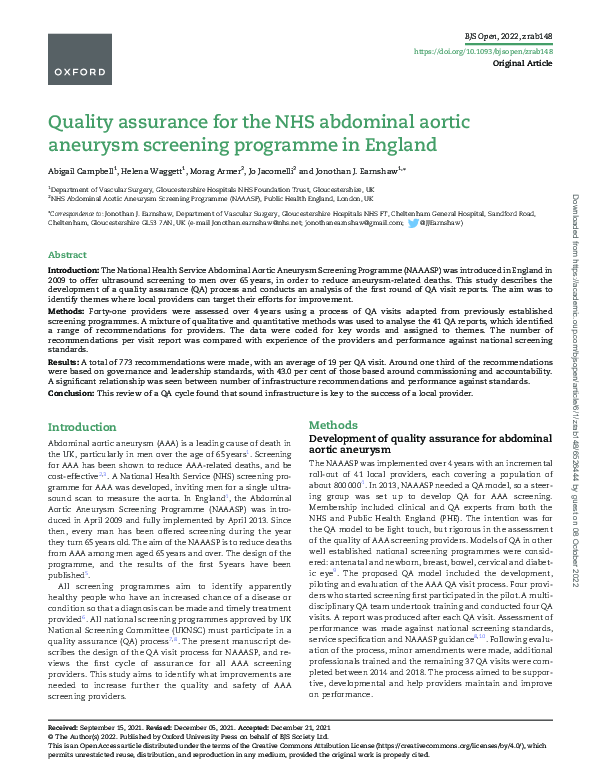 (PDF) Quality assurance for the NHS abdominal aortic aneurysm screening ...