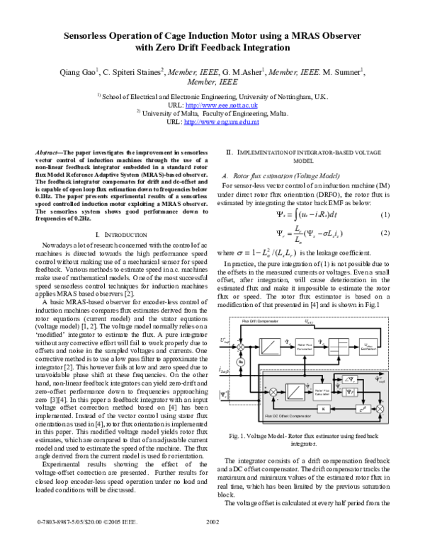 Pdf Encoderless Operation Of Induction Motor Using A Mras Observer With Zero Drift Feedback