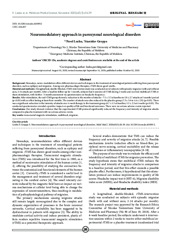 (PDF) Neuromodulatory approach in paroxysmal neurological disorders | Pavel Leahu - Academia.edu