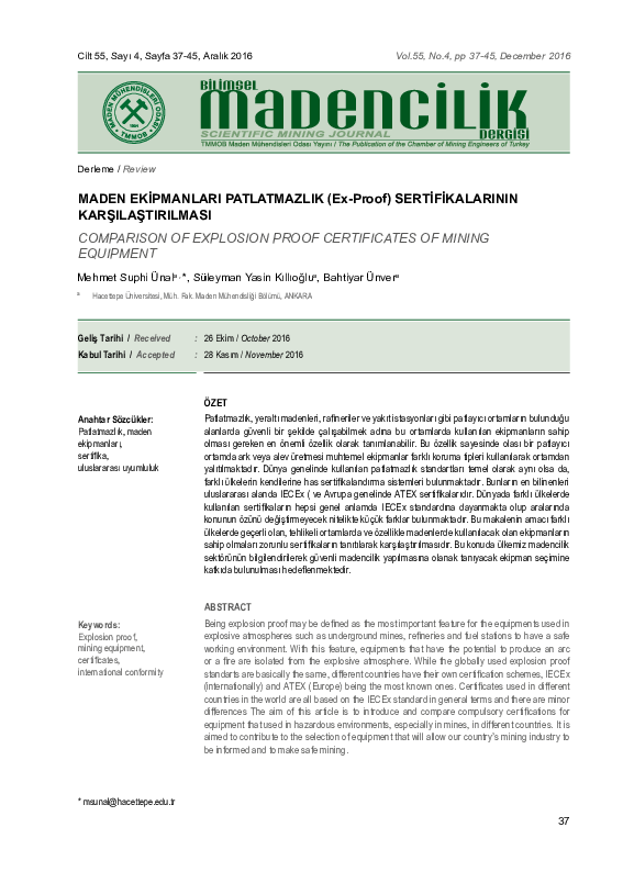 (PDF) Maden Ekipmanları Patlatmazlık (Ex-Proof) Sertifikalarının Karşılaştırılması - Comparison ...
