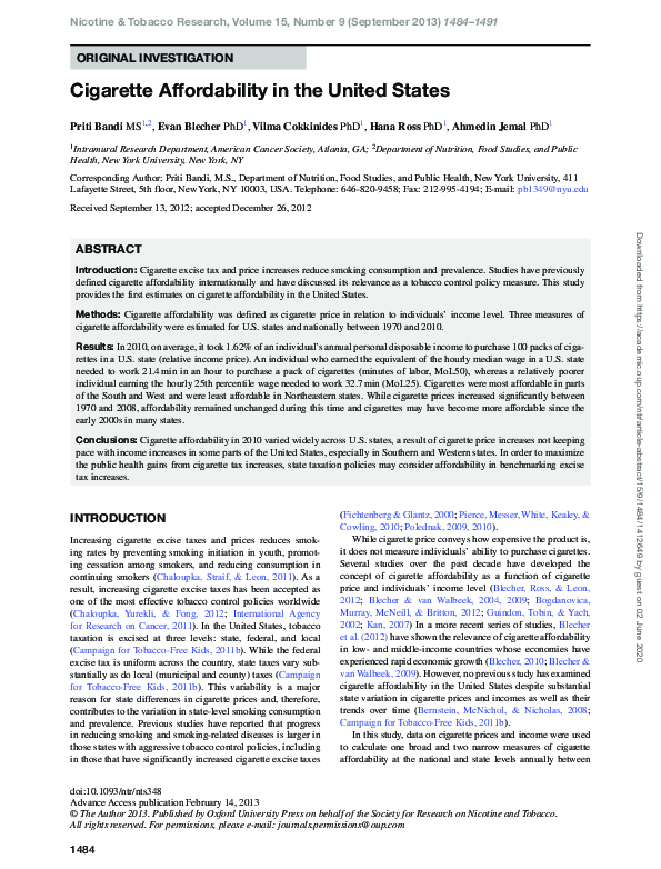 (PDF) Cigarette Affordability in the United States