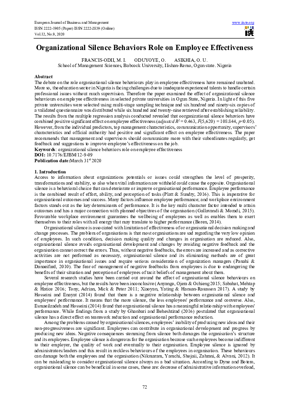 (PDF) Organizational Silence Behaviors Role on Employee Effectiveness